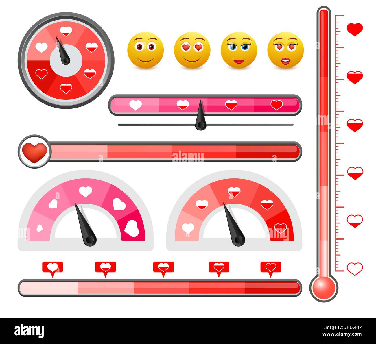 Love level meter set, vector isolated illustration. Love gauge, scale ...