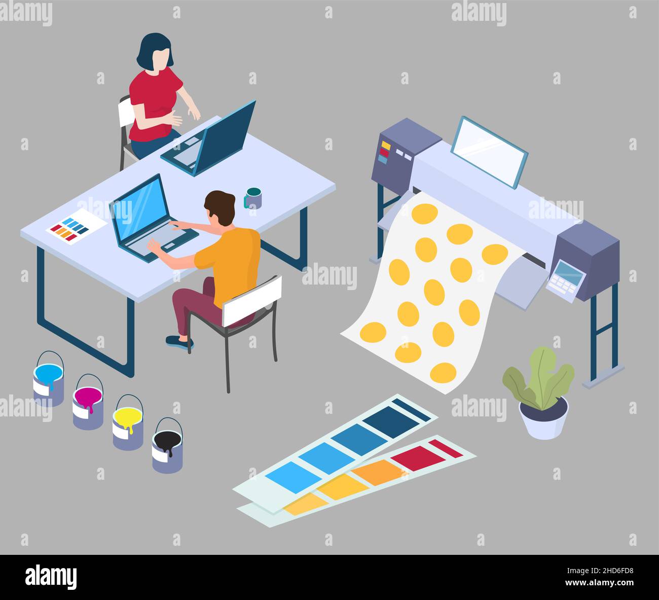 Ads banner print, vector isometric illustration. Printshop workers ...