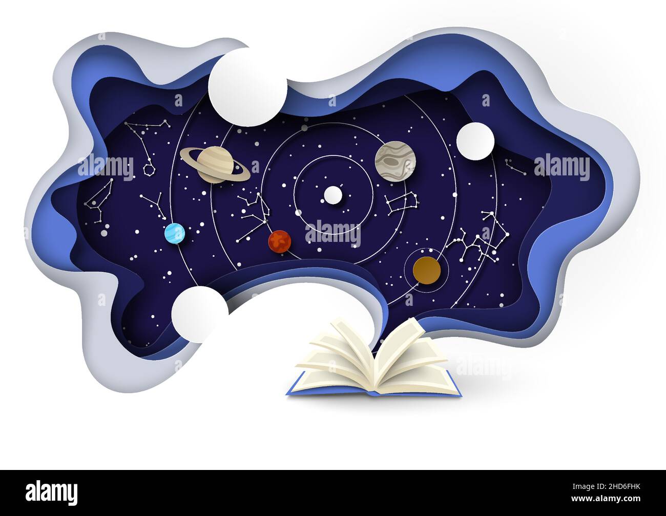 Open book with sky, planets, zodiac constellations, vector paper cut ...