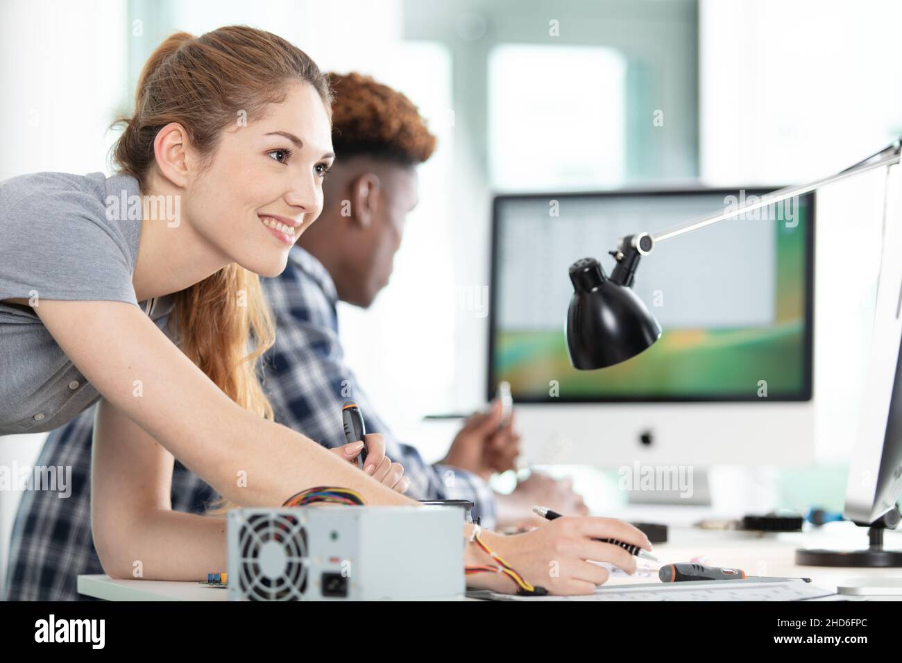 portrait of a female and male technician repairing computer Stock Photo ...