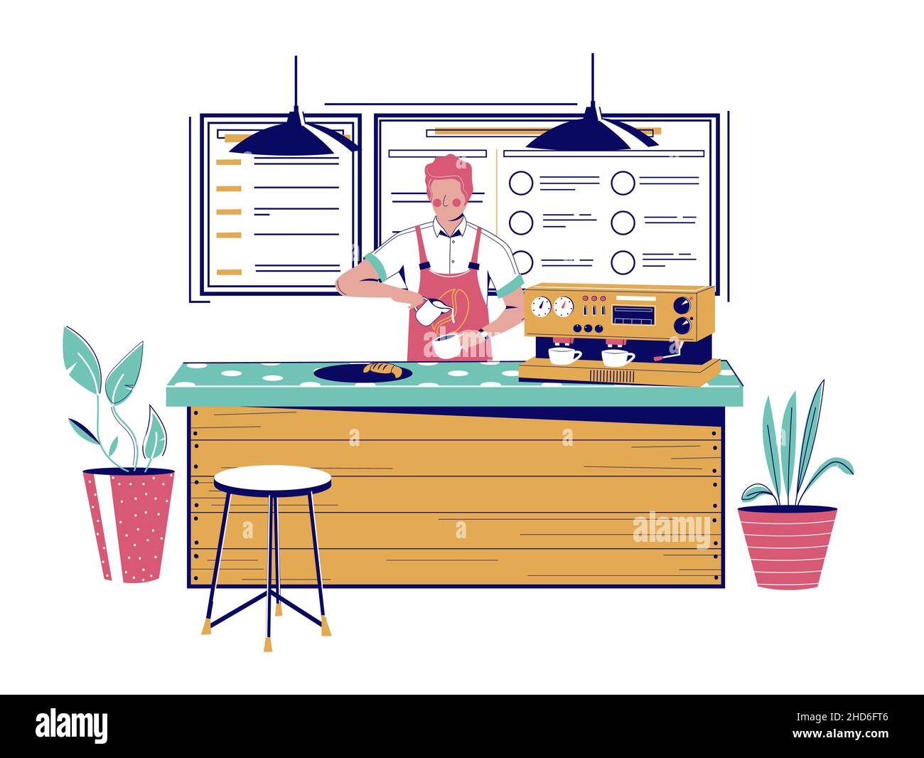Coffee shop counter, barista making hot drink, vector illustration ...