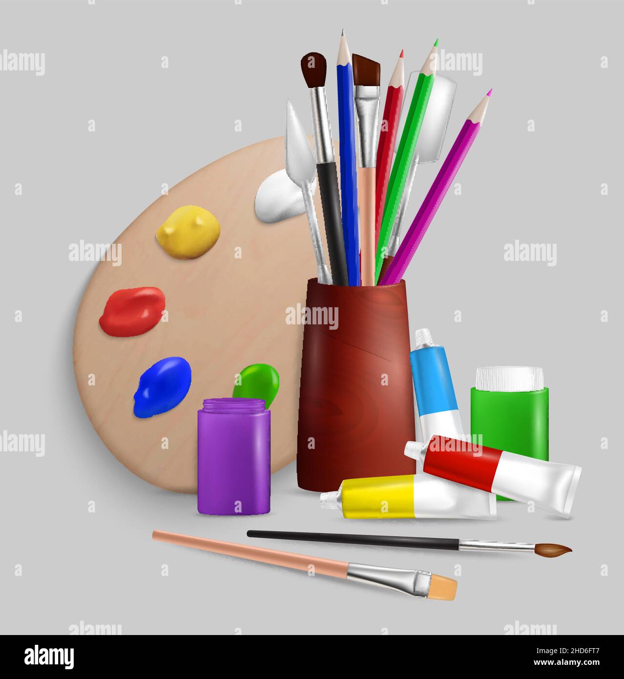 Realistic artist palette, painting brushes, paint tubes, jars, knives ...
