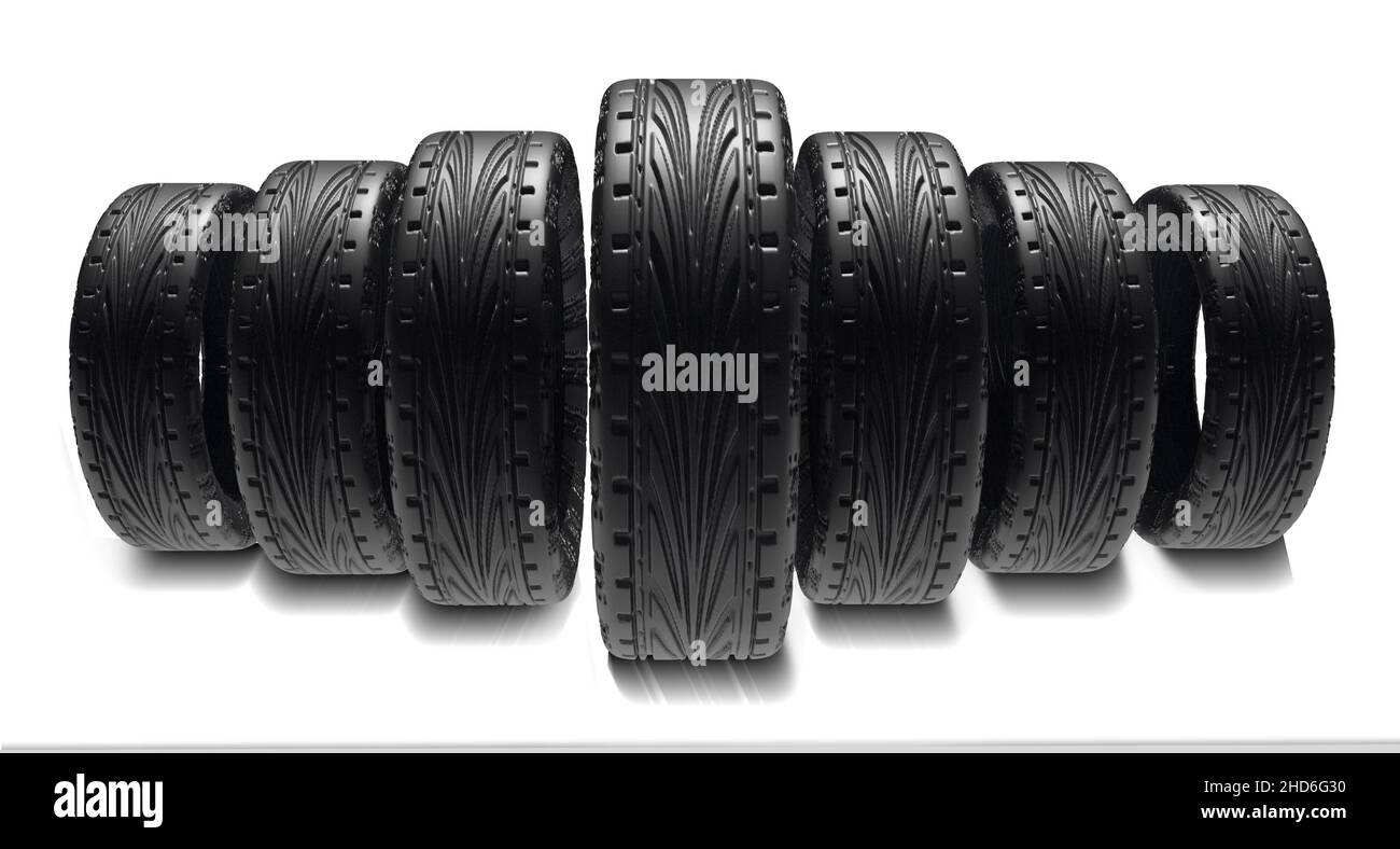 car tires many front view rubber on white background - 3d rendering ...