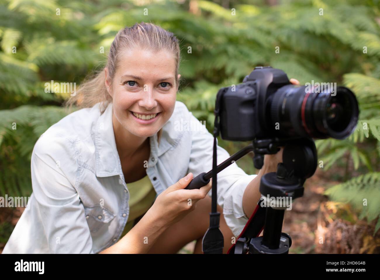 female photographer crouching among ferns Stock Photo - Alamy