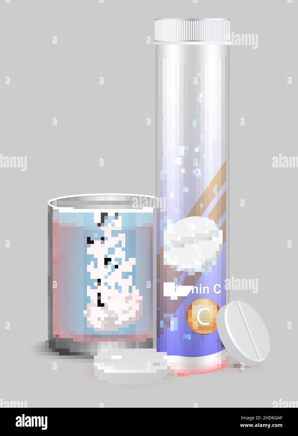 Plastic vitamin tube mockup, glass of water with fizzy pill, vector ...
