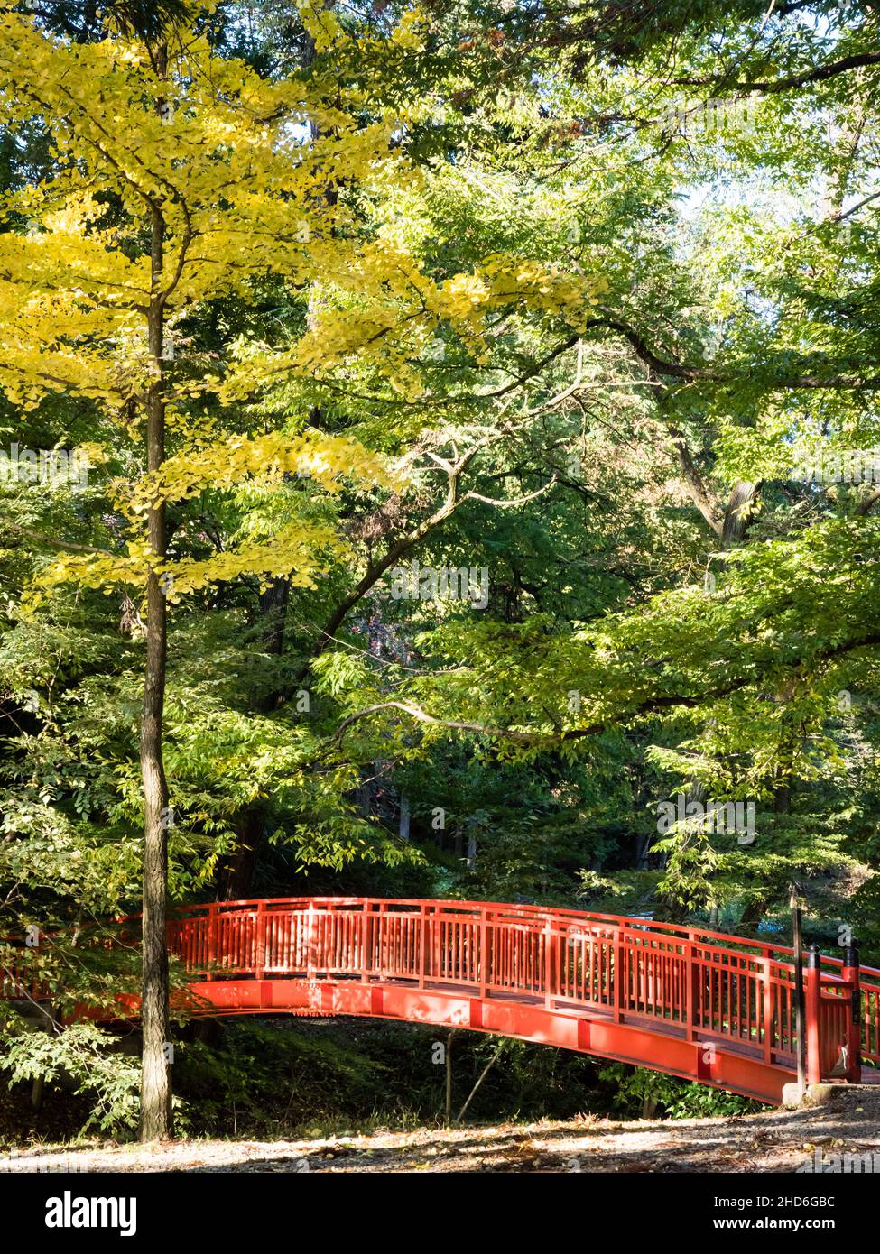 Red bridge across the Togawa river leading to Manji Stone Buddha in ...