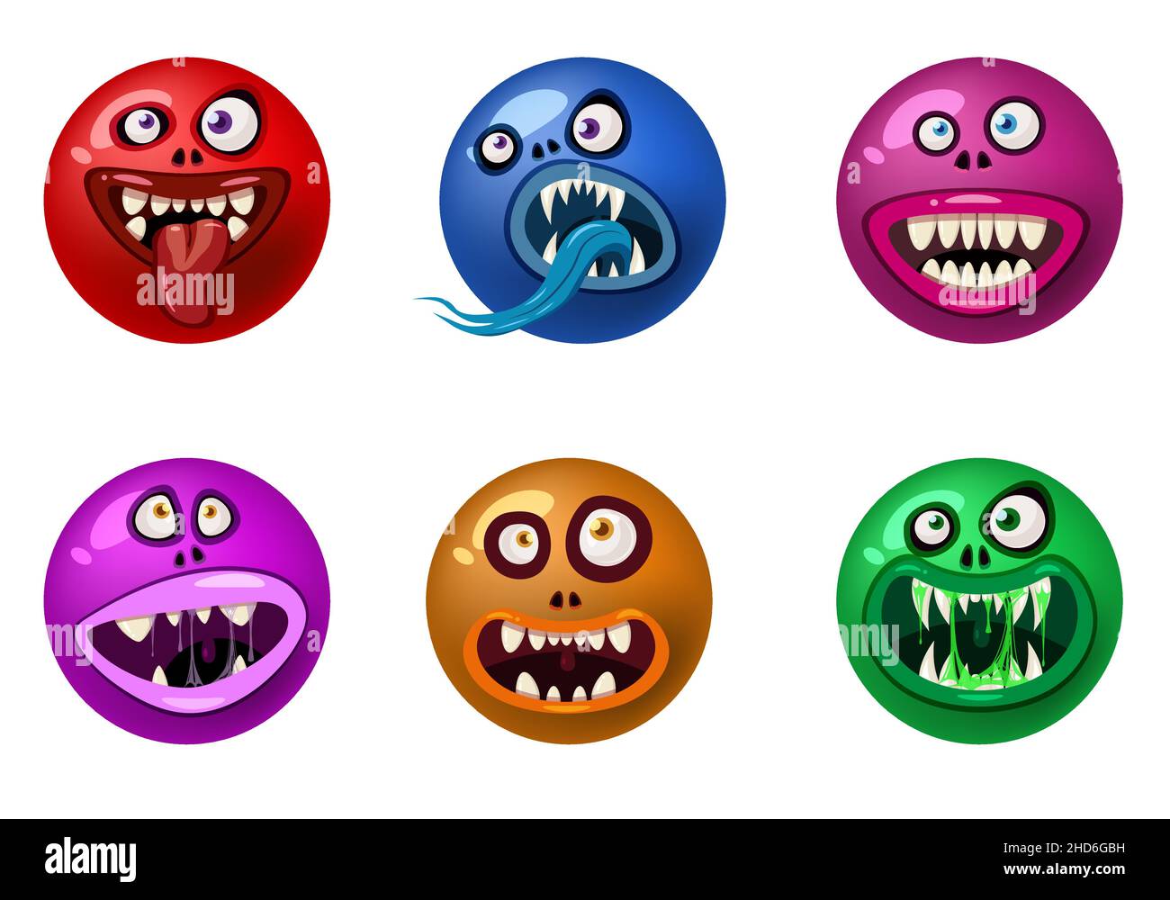 Set od Monster face cartoon round icons head Halloween characters ...