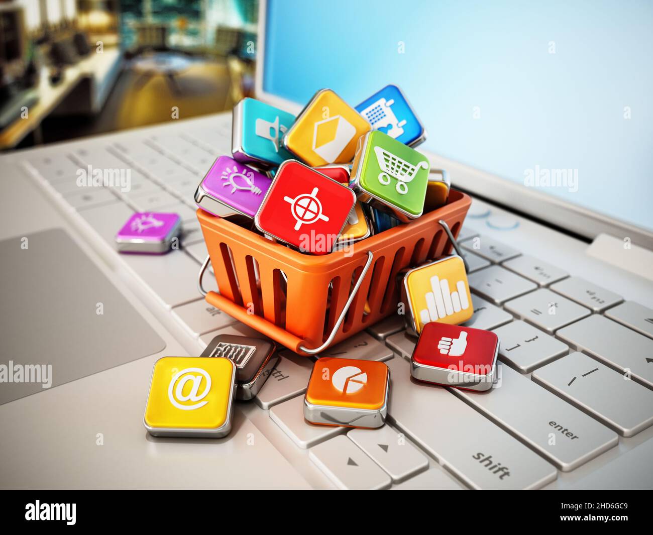 Stack of digital apps inside shopping basket standing on laptop ...