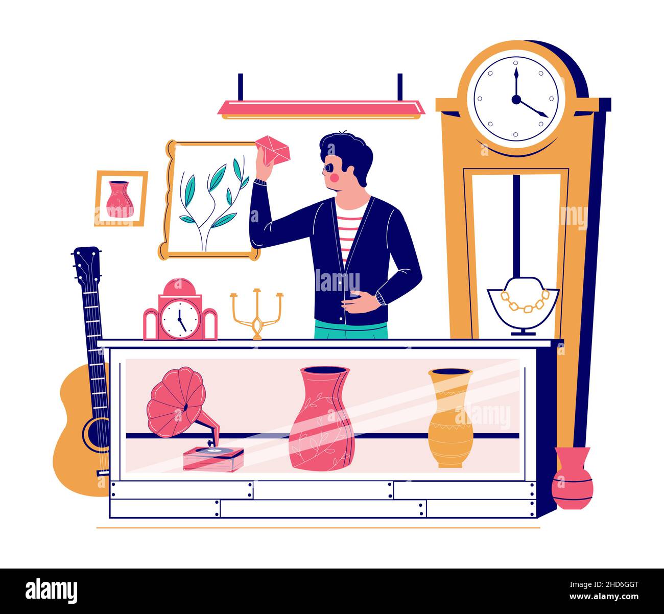 Pawn shop display counter, pawnbroker, jeweller looking at luxury ...