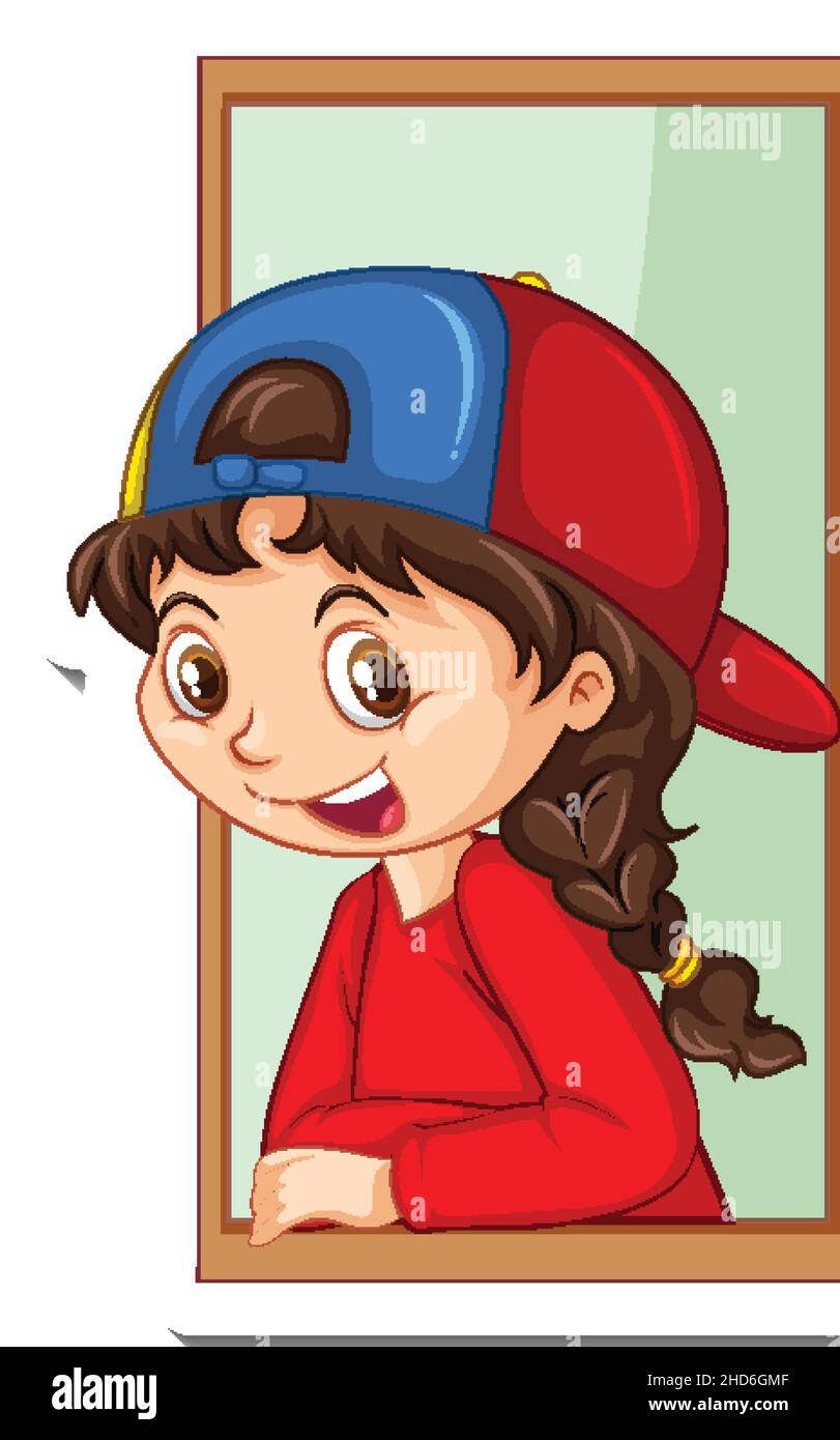 A girl looking out window cartoon character illustration Stock Vector ...