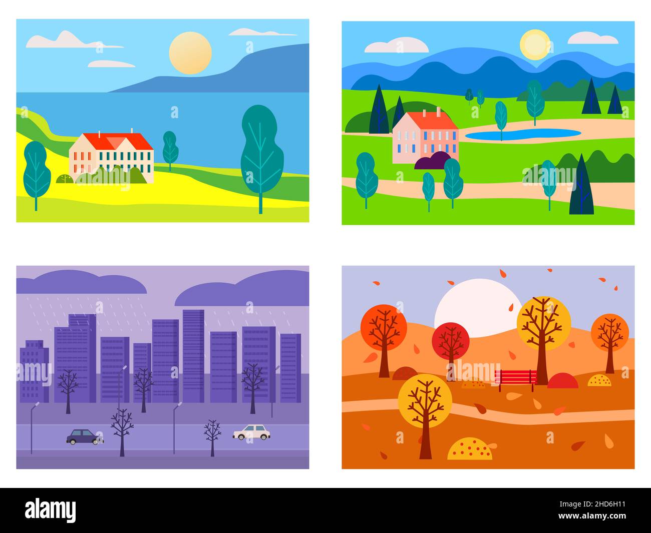 Set of seasons landscapes winter, spring, summer, autumn. Rural ...