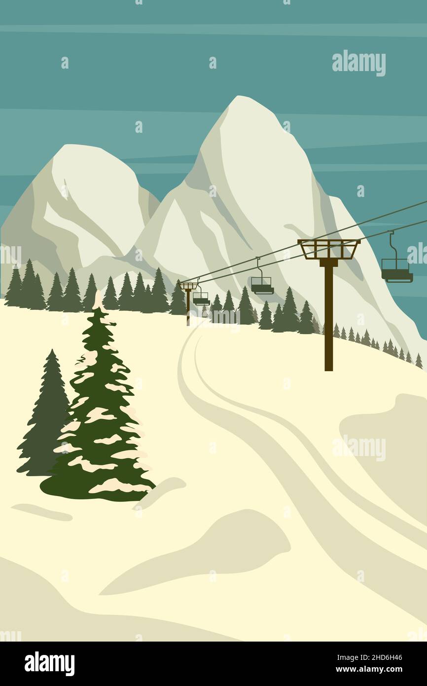 Vintage Mountain winter resort Alps with sci lift. Snow landscape peaks ...