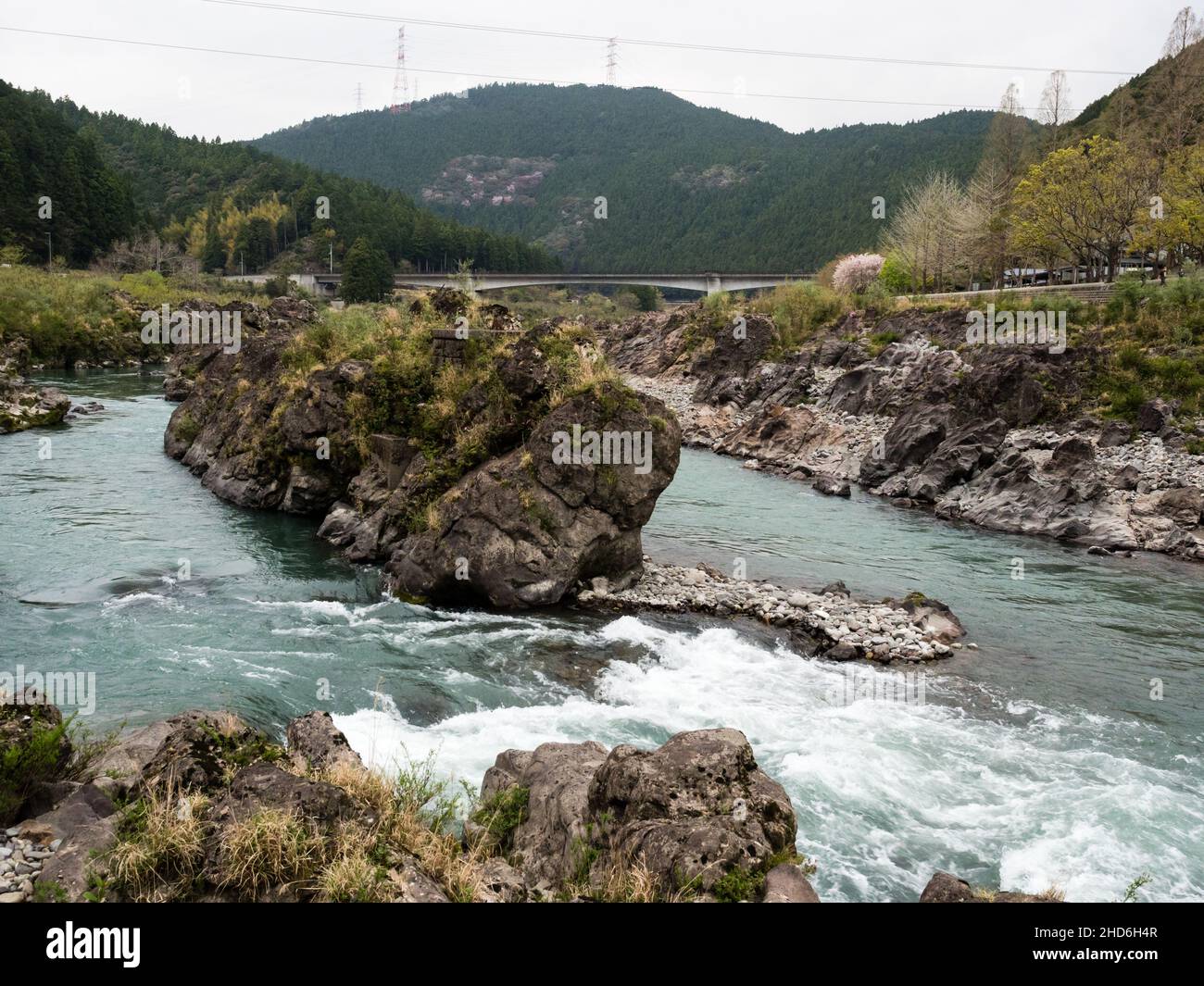 Scenic Naka river running through the mountains of Tokushima prefecture ...