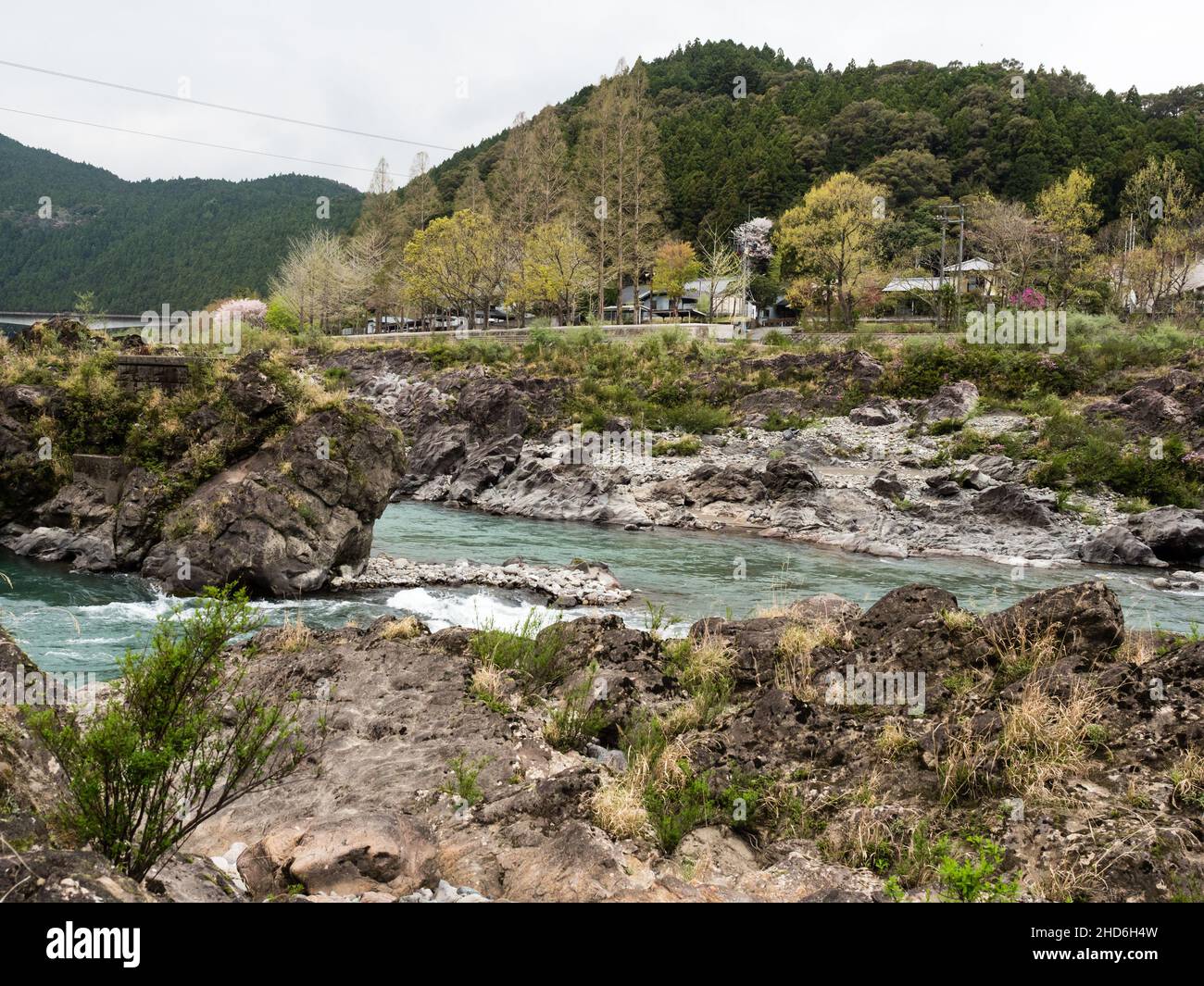 Scenic Naka river running through the mountains of Tokushima prefecture ...