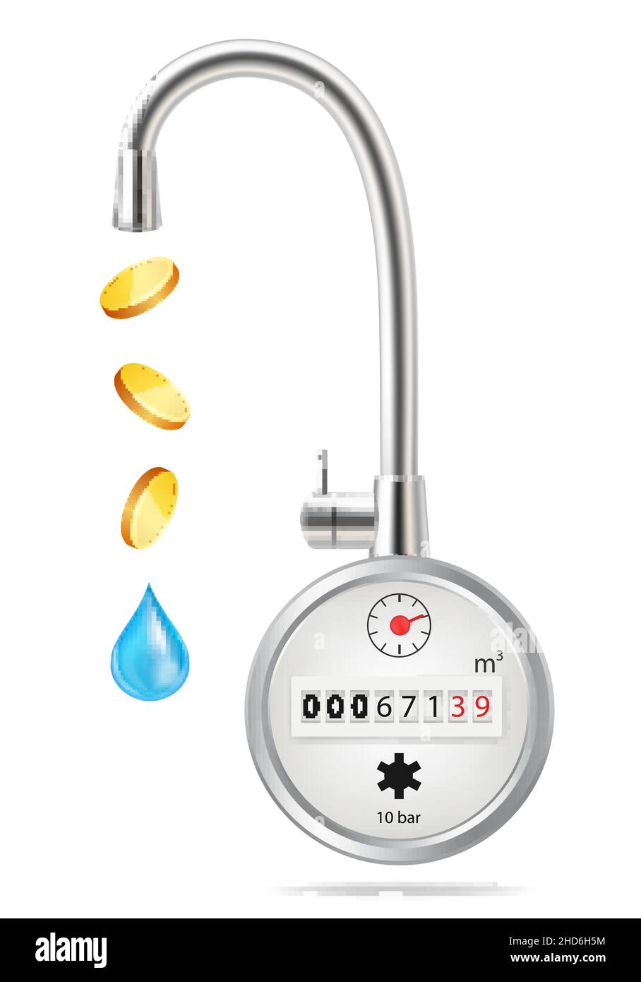 Gold coins, water flowing from kitchen faucet and meter, vector ...