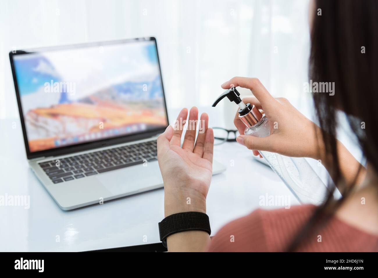 Work from home, Back of Asian young business woman video conference ...