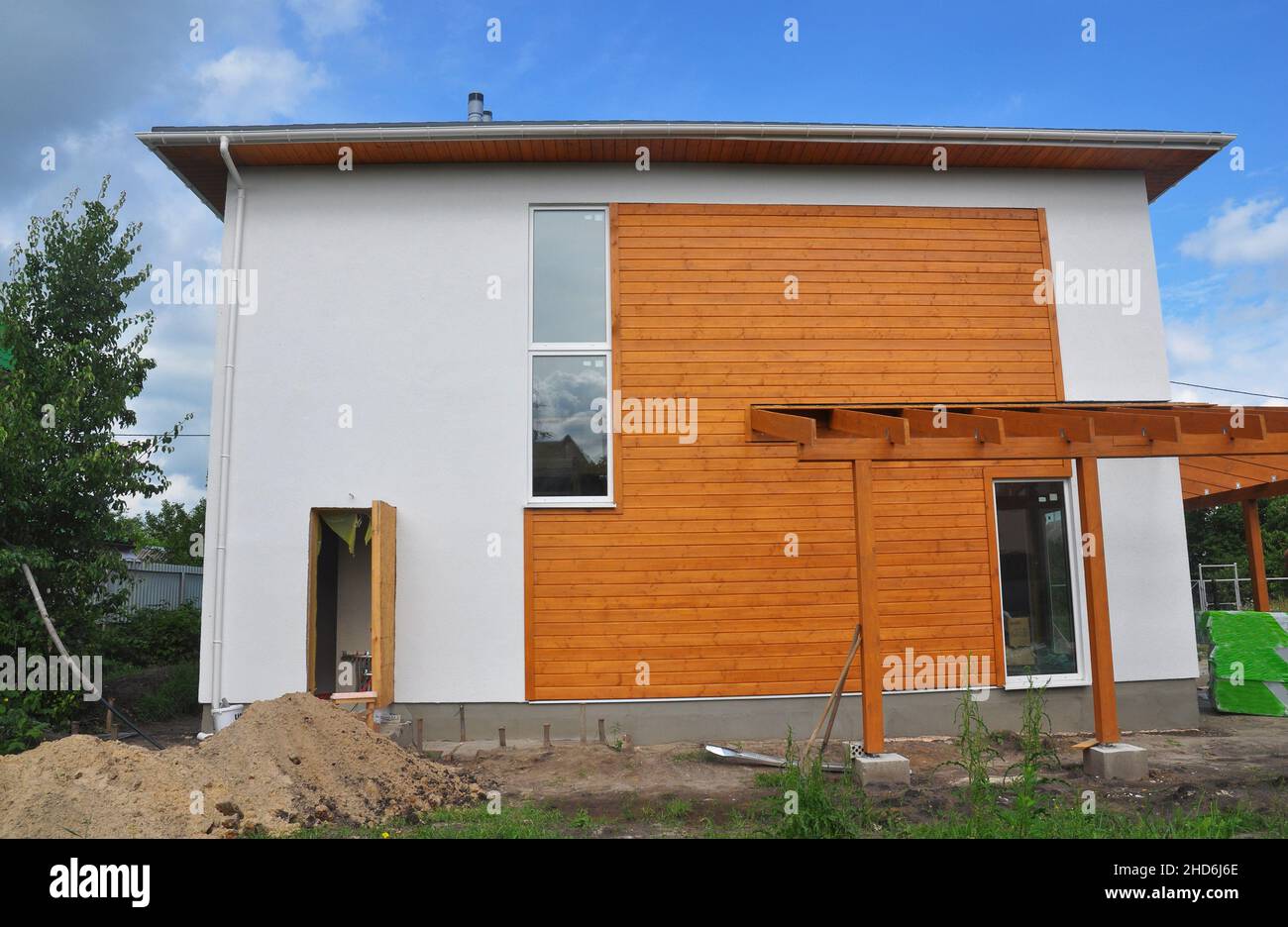 Exterior walls of a new house with a patio: the combination of wood ...
