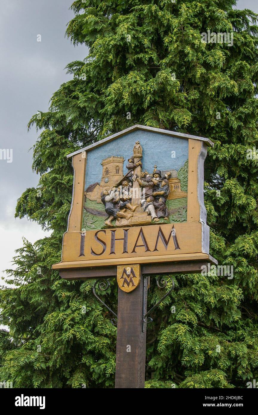 Colourful painted wooden sign depicting various village views, Isham ...