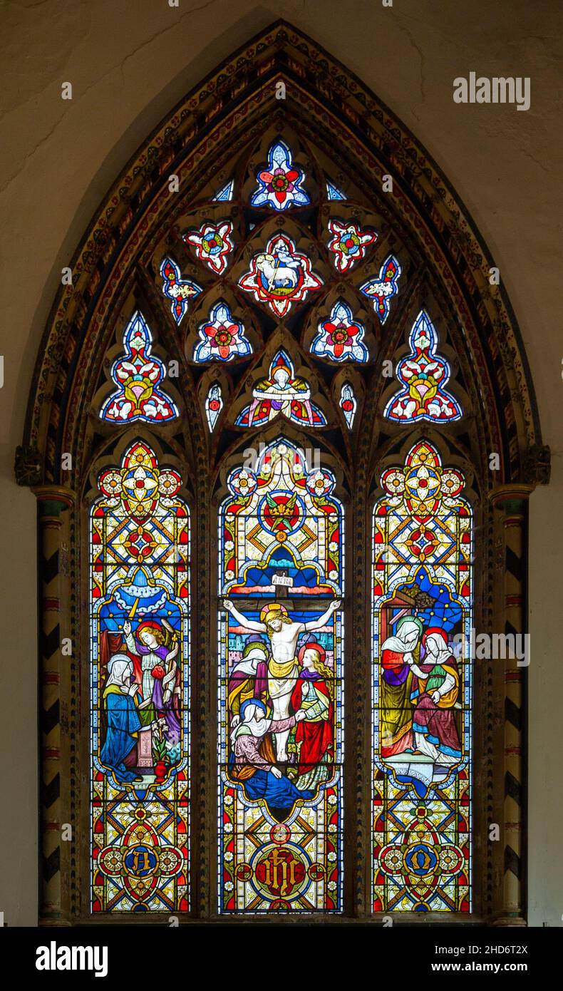 Stained glass window Annunciation, Crucifixion, Saints Mary and ...