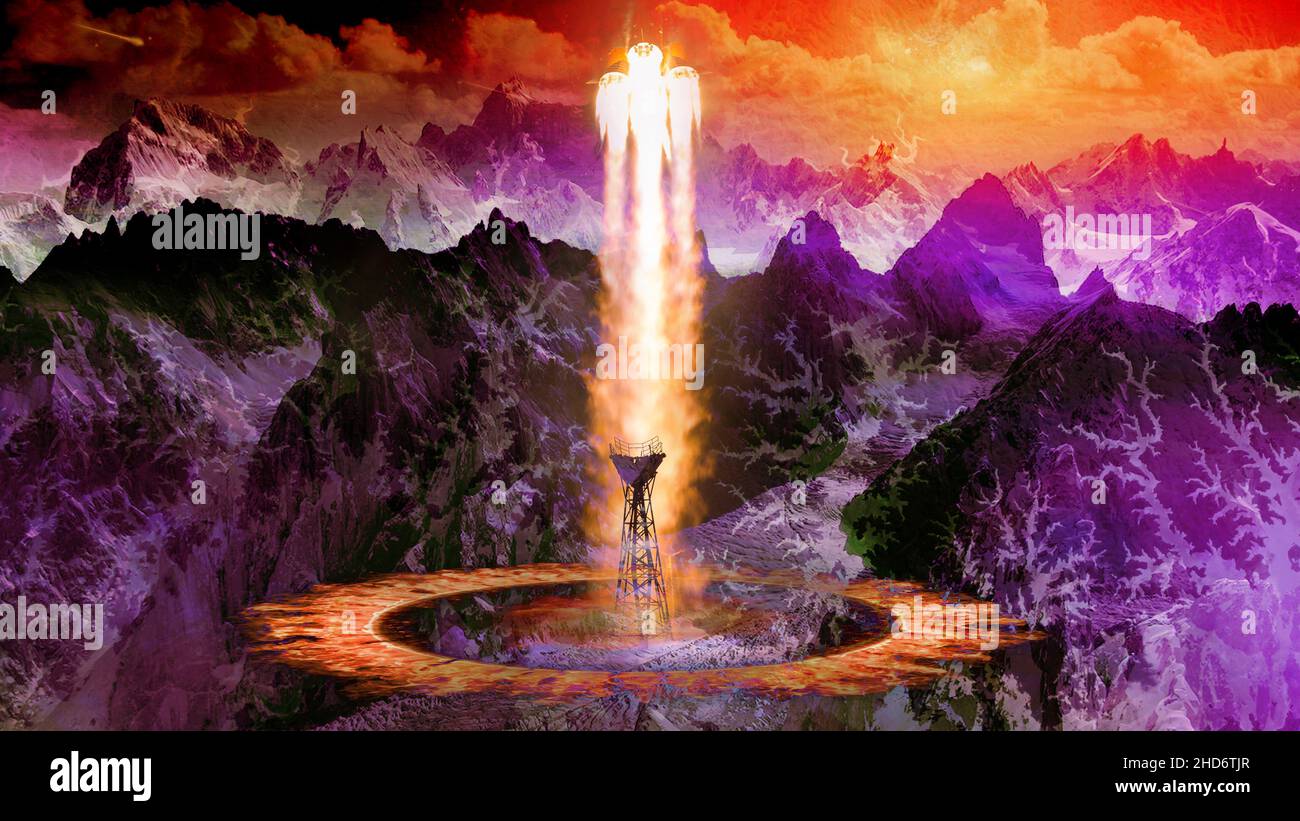 Cosmodrome with take-off site on alien planet among the mountains ...