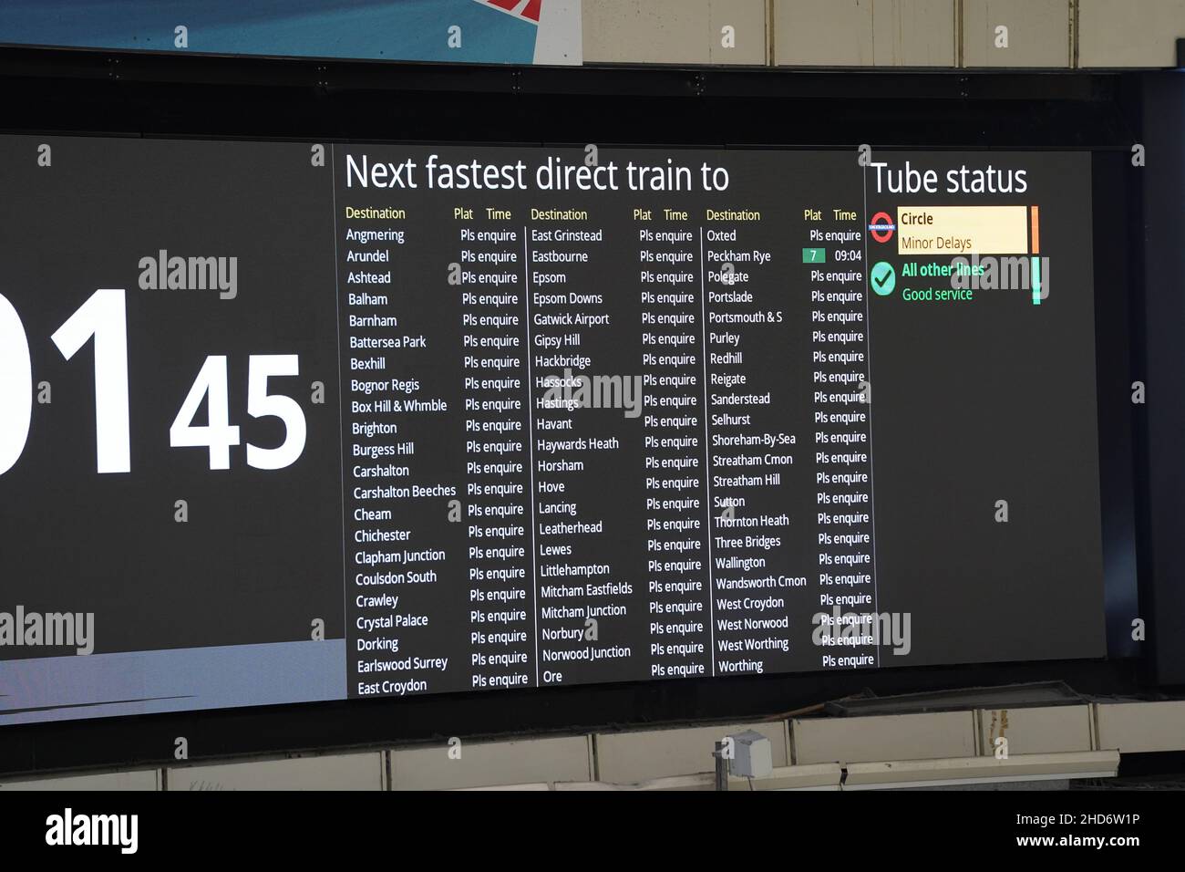 Timetable display screens at Victoria train station, central London, as ...