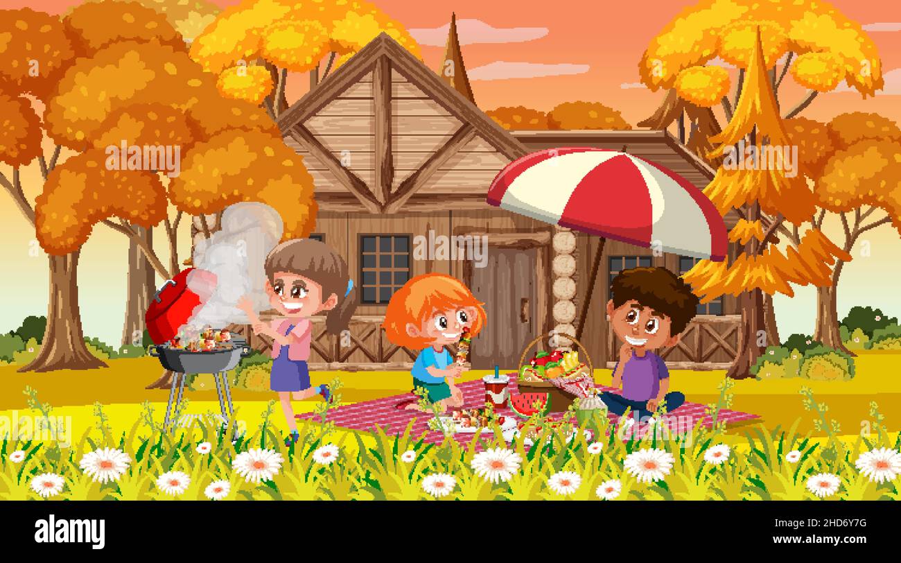 Autumn scene with many children picnic in the park illustration Stock ...