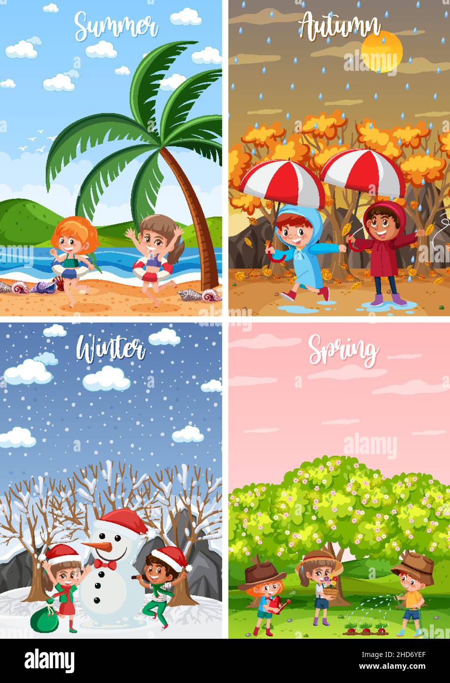 Set of children in four seasons backgrounds illustration Stock Vector ...