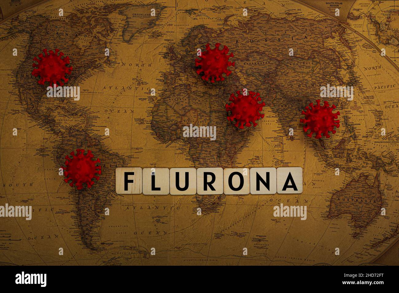 Health concept. Layout of old world map, virus model and wooden tiles ...