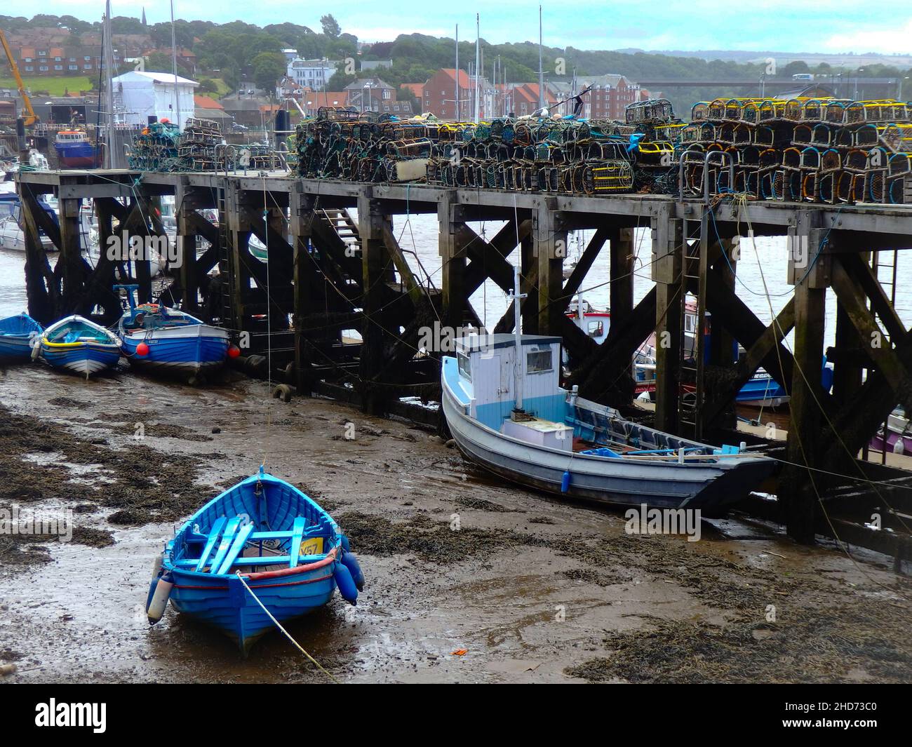 Various small boats tied up in a harbor at low tide, neatly on the ...