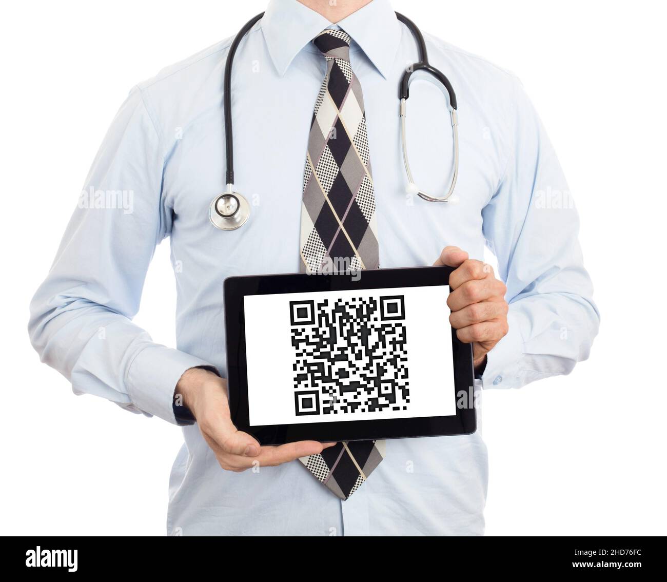Doctor, isolated on white background, holding digital tablet - QR-code ...
