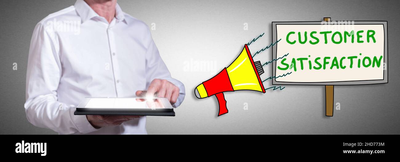 Man using a tablet with customer satisfaction concept Stock Photo - Alamy