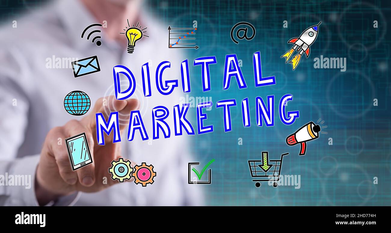 Man touching a digital marketing concept on a touch screen with his ...