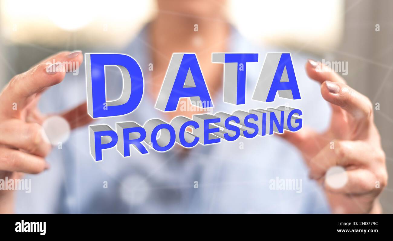 Data processing concept between hands of a woman in background Stock ...