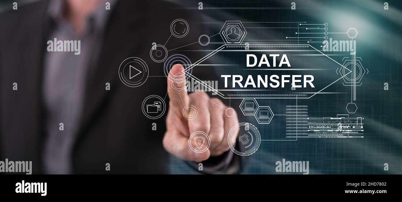 Man touching a data transfer concept on a touch screen with his finger ...