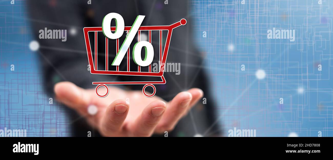 Discount concept above the hand of a man in background Stock Photo - Alamy