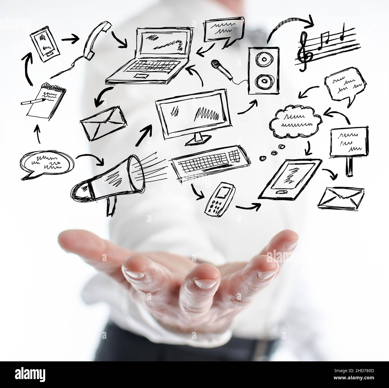 Communication concept levitating above a hand of a man Stock Photo - Alamy