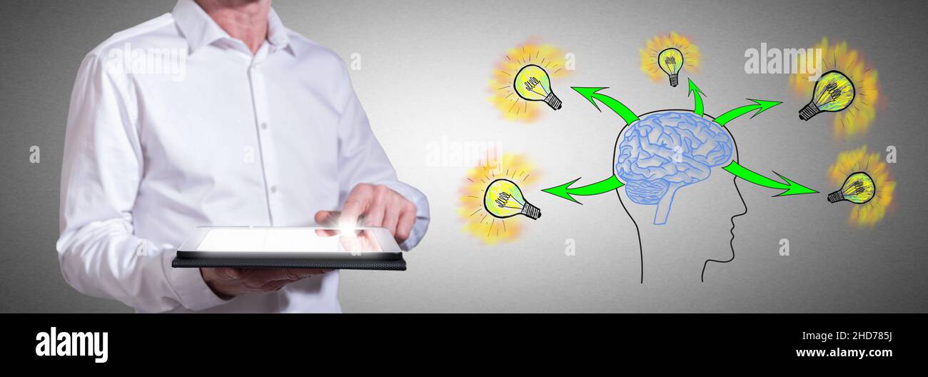 Man using a tablet with human brain ideas concept Stock Photo - Alamy