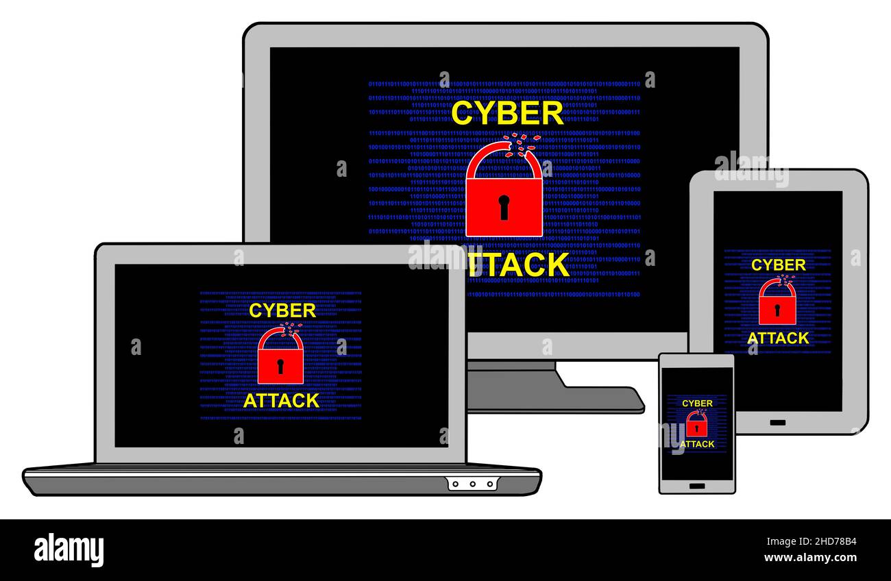 Cyber attack concept shown on different information technology devices ...