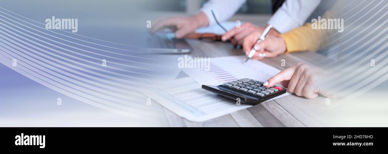 Two business people working together in office. panoramic banner Stock ...