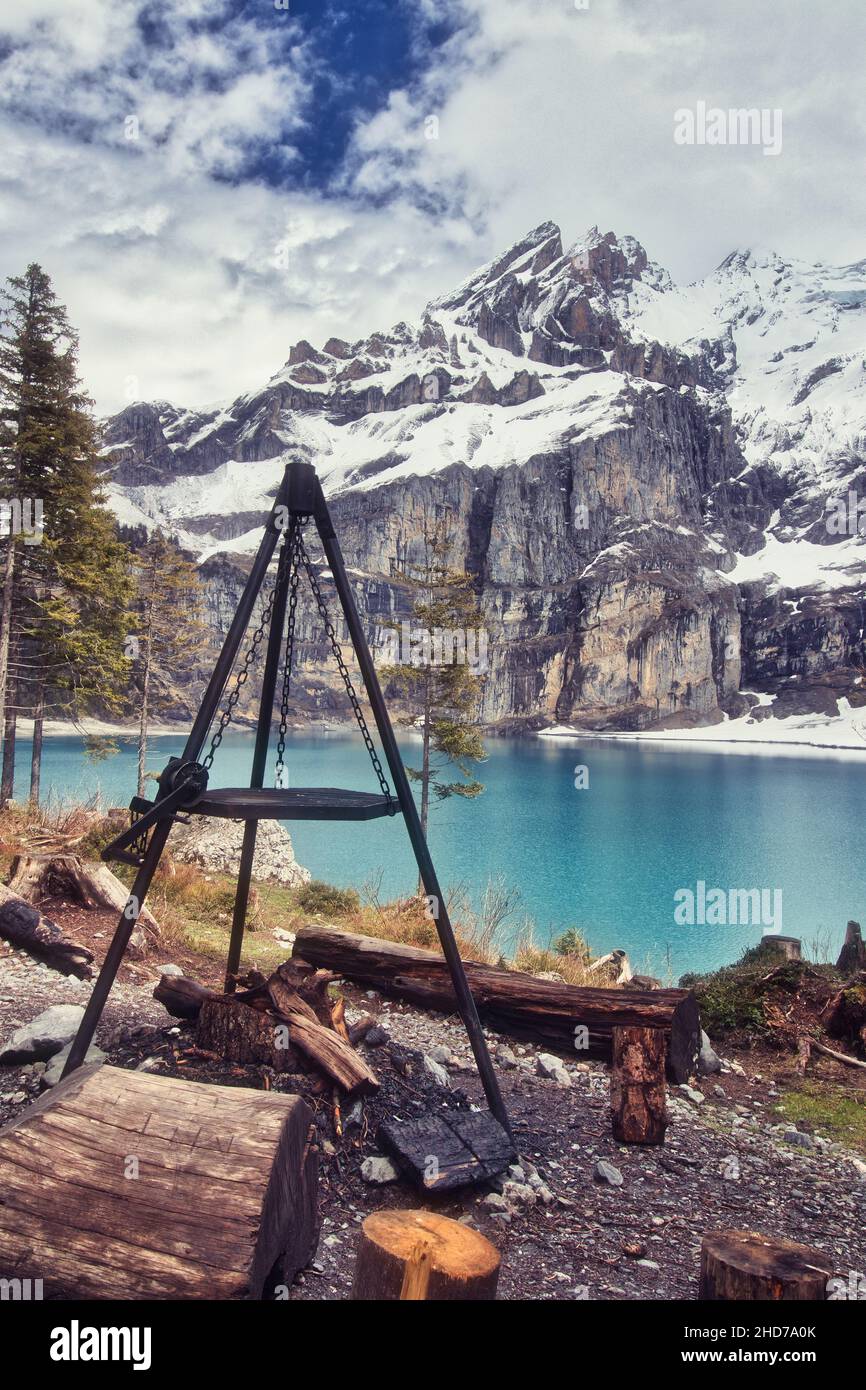Oeschinensee, Kandersteg Switzerland, in spring with fog and snow Stock ...