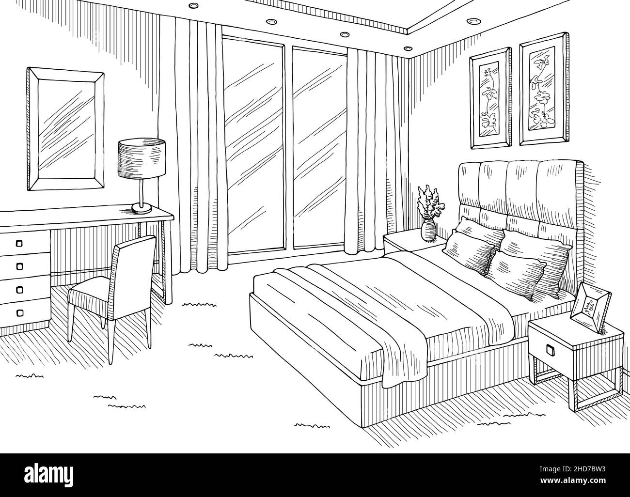 Bedroom graphic black white interior sketch illustration vector Stock ...