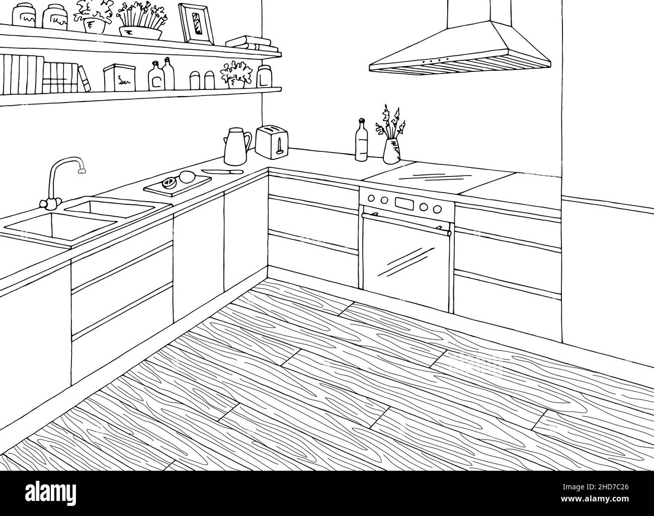 Kitchen Room Graphic Black White Interior Sketch Black And White