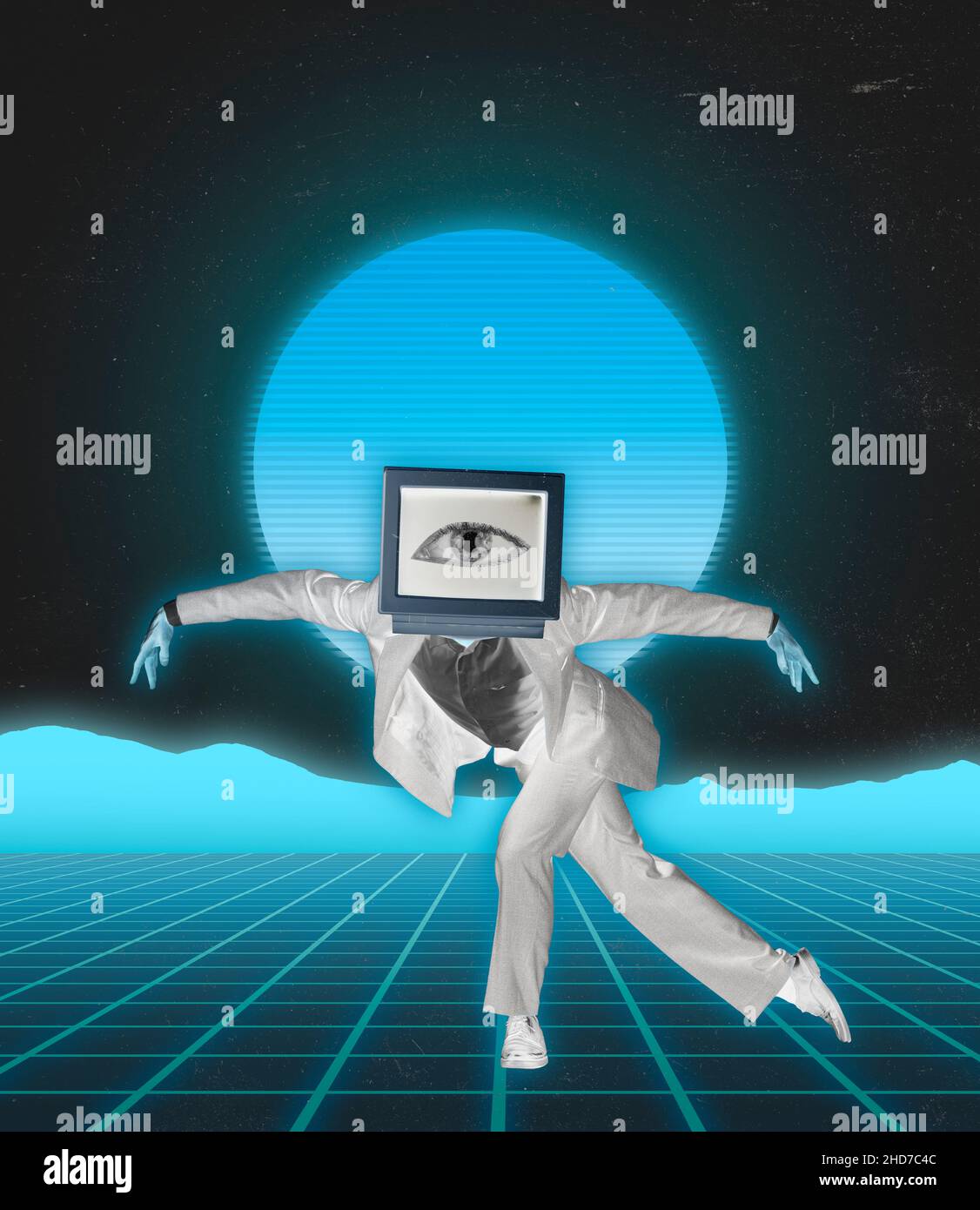 Retro collage. Contemporary art. Man with retro computer screen with ...