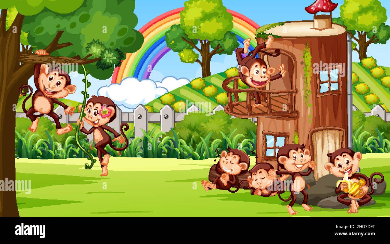 Outdoor scene with tree house and many monkeys illustration Stock ...