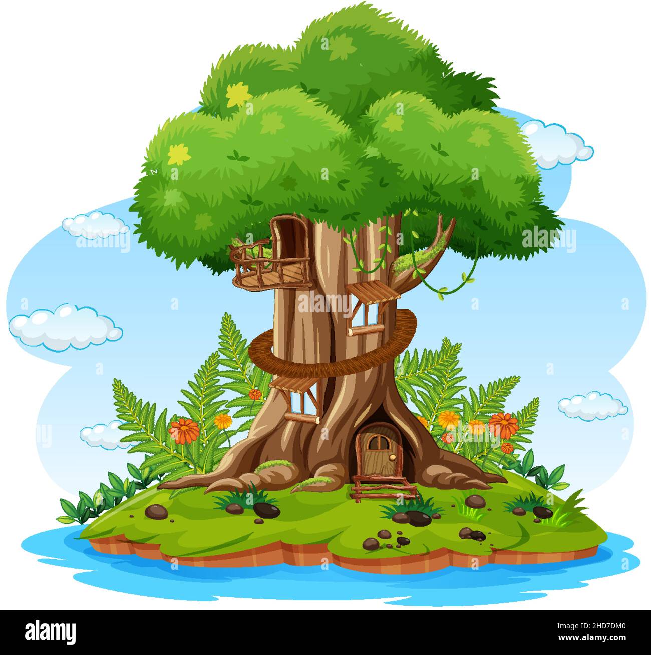 Fantasy tree house inside tree trunk on white background illustration ...