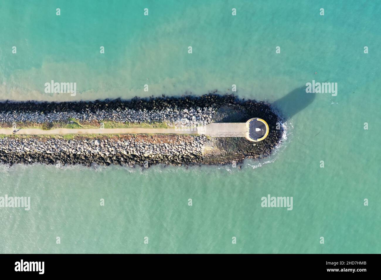 Aerial shot straight down of the end of Goodwick Pier, Pembrokshire ...