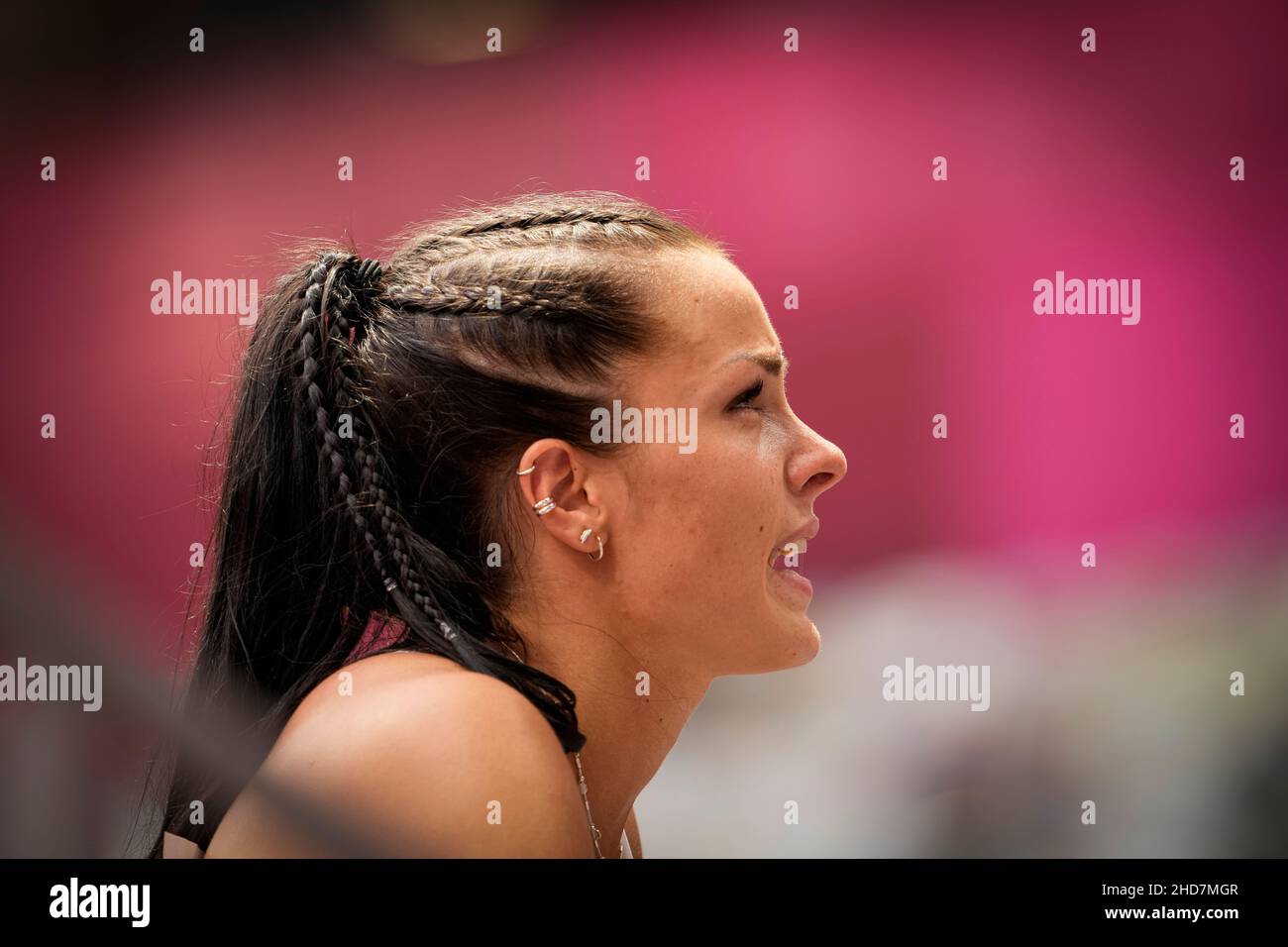 Maria Huntington participating in the High Jump of the heptathlon at ...