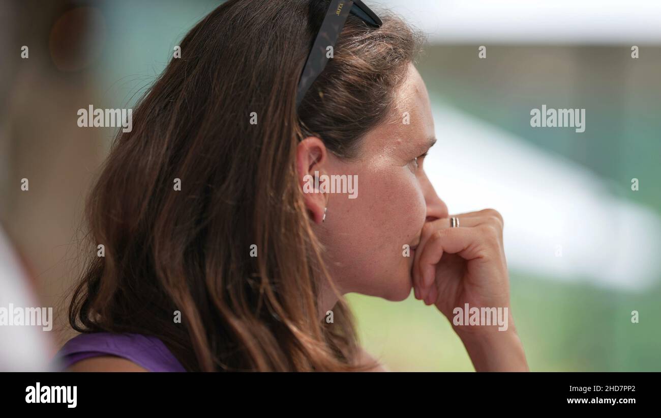 Pensive woman thinking deeply, contemplative person. Thoughtful emotion ...
