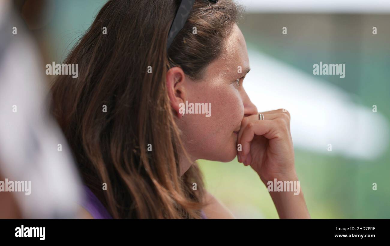 Pensive woman thinking deeply, contemplative person. Thoughtful emotion ...