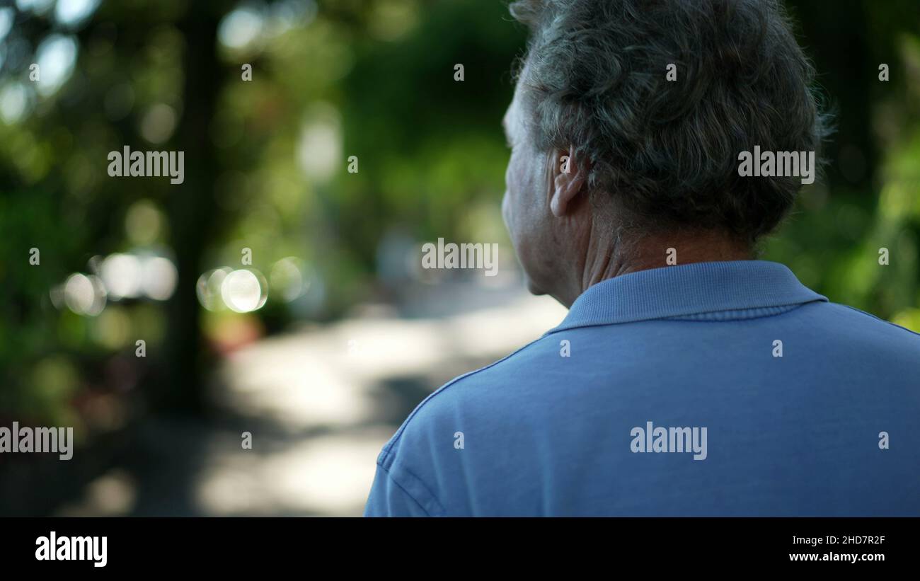 Senior man walking outside in nature. Back of older person in a path ...